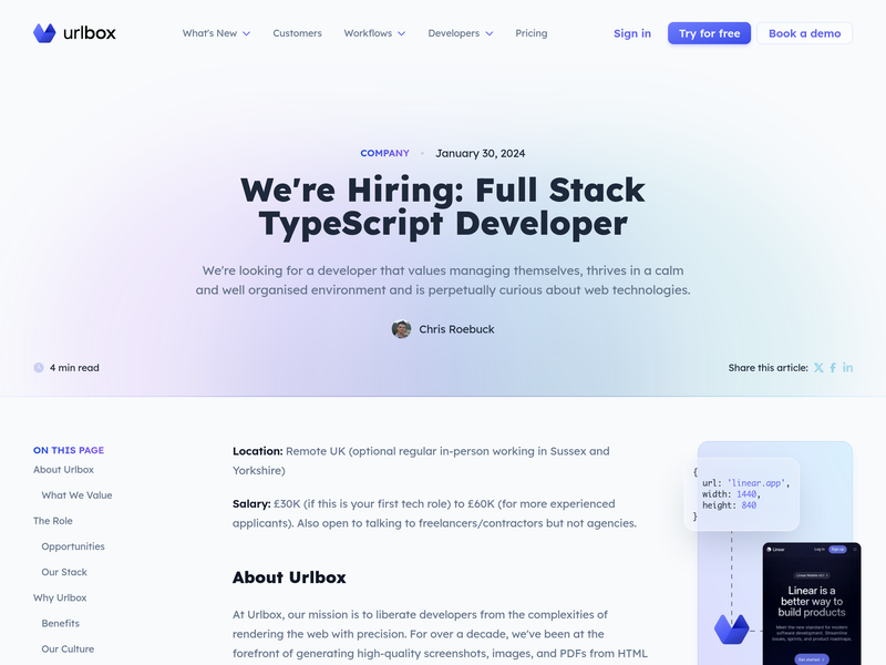 We're Hiring: Full Stack TypeScript Developer | Urlbox We're Hiring: Full Stack TypeScript Developer | Urlbox